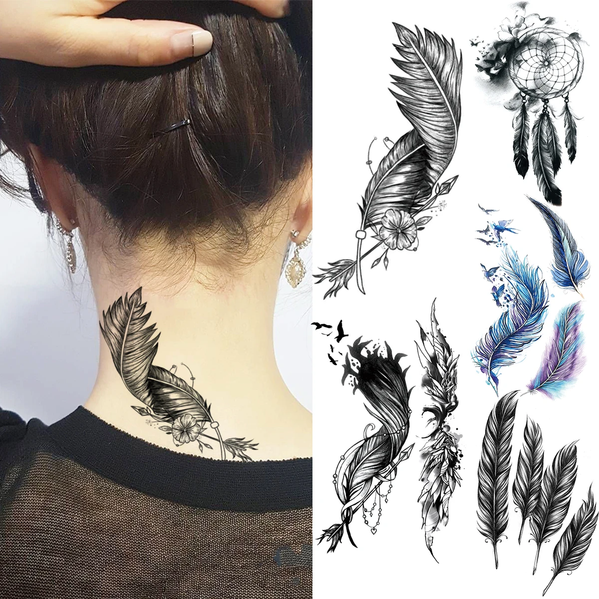 Feather Tattoo Back Of Neck