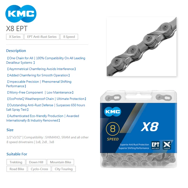 KMC X8 X9 X10 X11 EPT Chain 116 Links 9V 10V 11V 8 Speed Silver Prevent Rust Extra Light Double ...