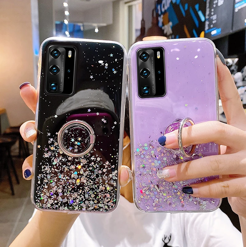 Luxury Ring Bracket Bling Glitter Silicone Phone Case For Huawei P40 ...