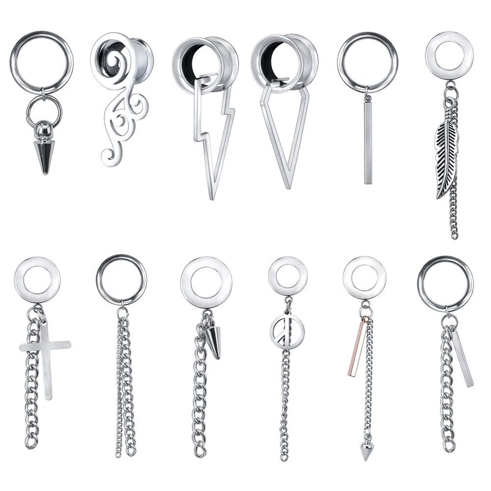 ZS 5-20mm Stainless Steel Ear Tunnel Plugs 2PCS Cross Tassel Pendants ...