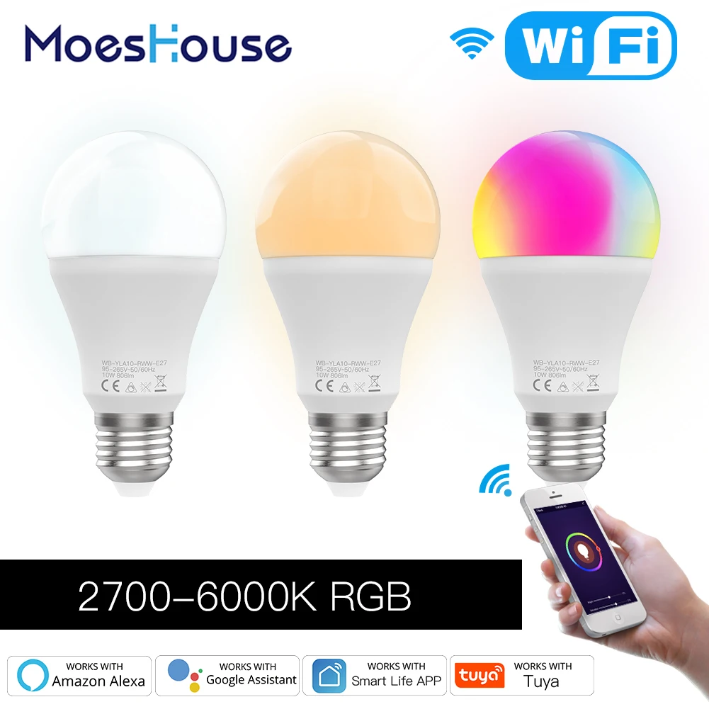 MoesHouse bombilla LED inteligente regulable con WiFi, 10W, RGB, C + W, aplicación de vida ...