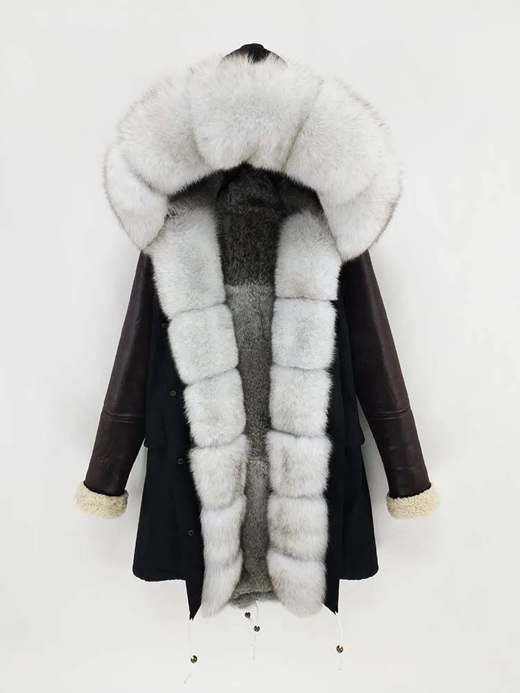 OFTBUY 2021 Long Parka Real Fur Coat Winter Jacket Women Natural Fur Collar Hood PU Leather ...