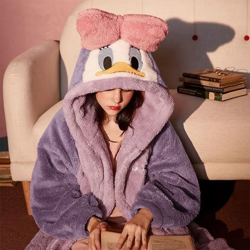 Disney Pajama Winter Women Robe Set Donald Duck Bow Hooded Flannel ...
