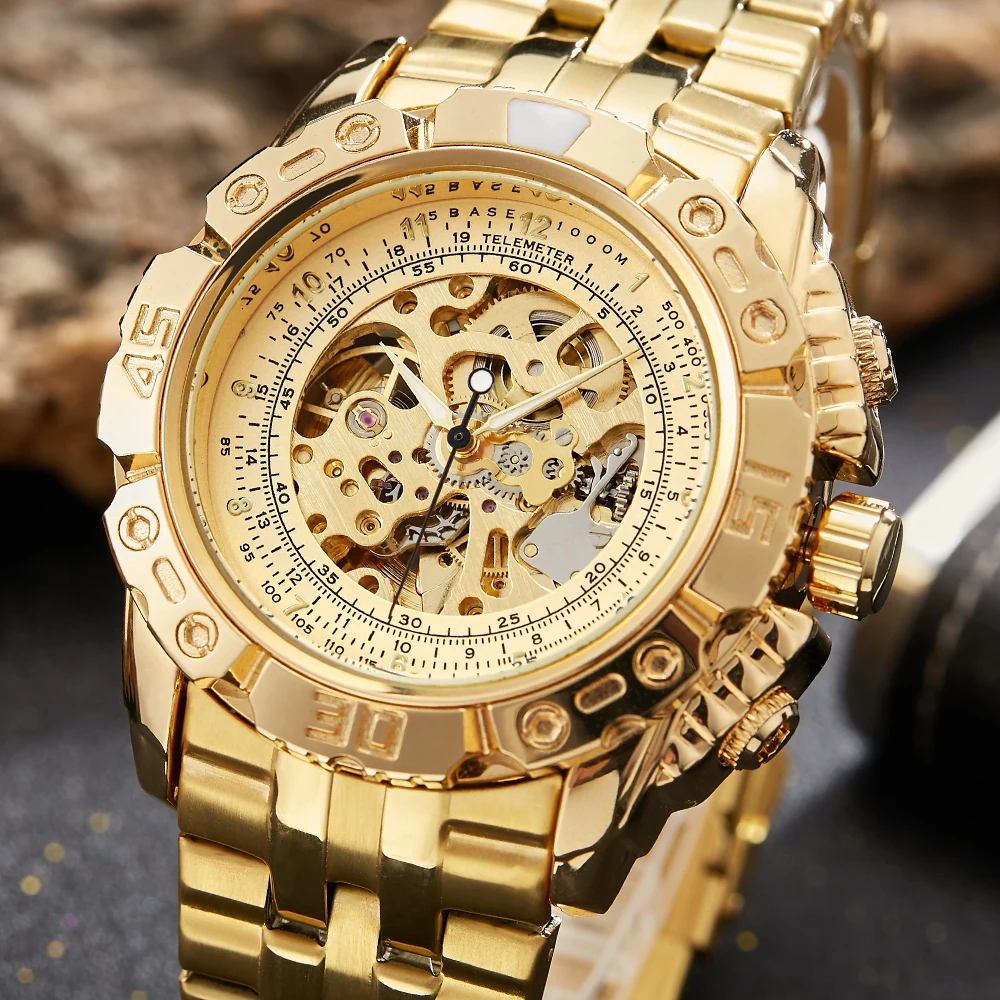 Luxury Gold Mechanical Watch Men Creative Automatic Self Winding Black ...