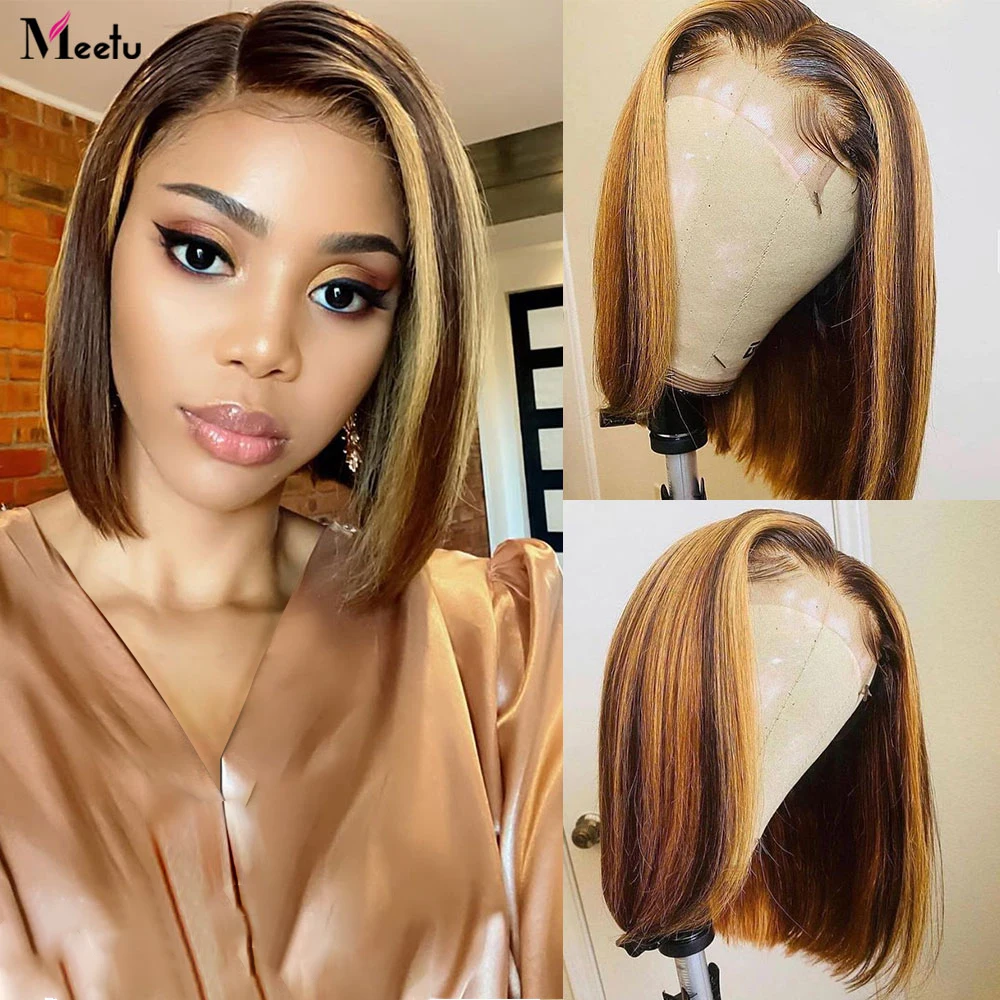 Short Wigs Human Hair Highlight Color P4 27 Straight Bob Wig Lace Front ...