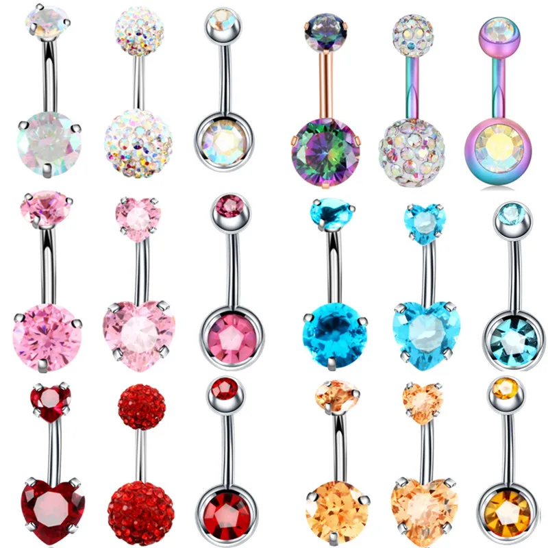 3PCS/Lot Surgical Steel Crystal Belly Button Piercing Set 14G Heart ...