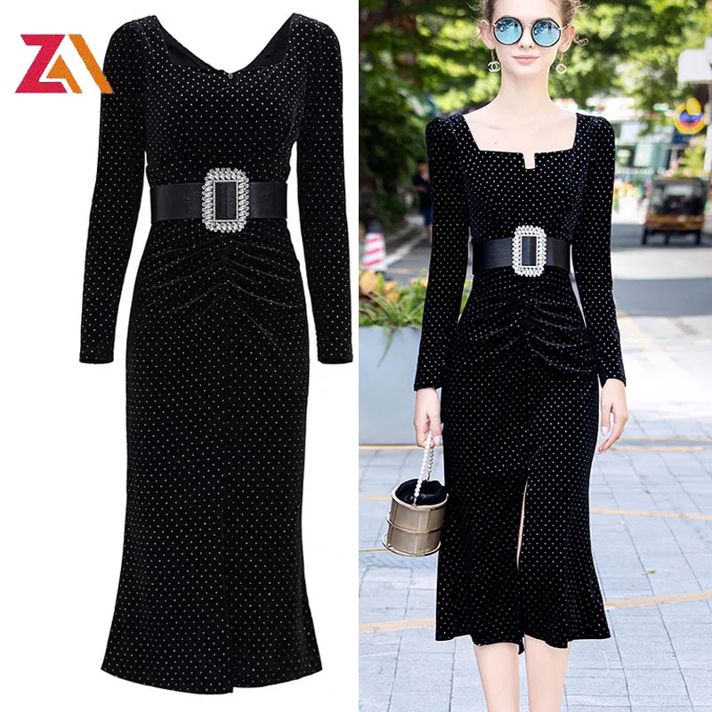 Zalady Traf Elegant Velvet Dress Autumn Sexy Long Sleeve Dot Black ...