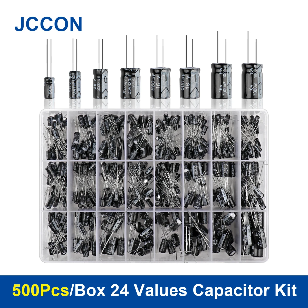 500Pcs 24 Values Electrolytic Capacitor Box Kit Range 0.1UF-1000UF 16V ...