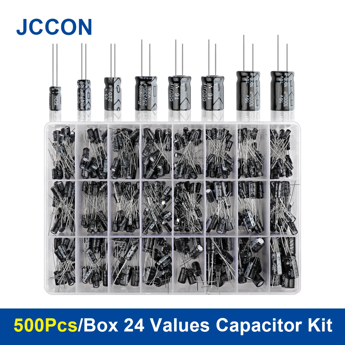 500Pcs 24 Values Electrolytic Capacitor Box Kit Range 0.1UF 1000UF 16V ...