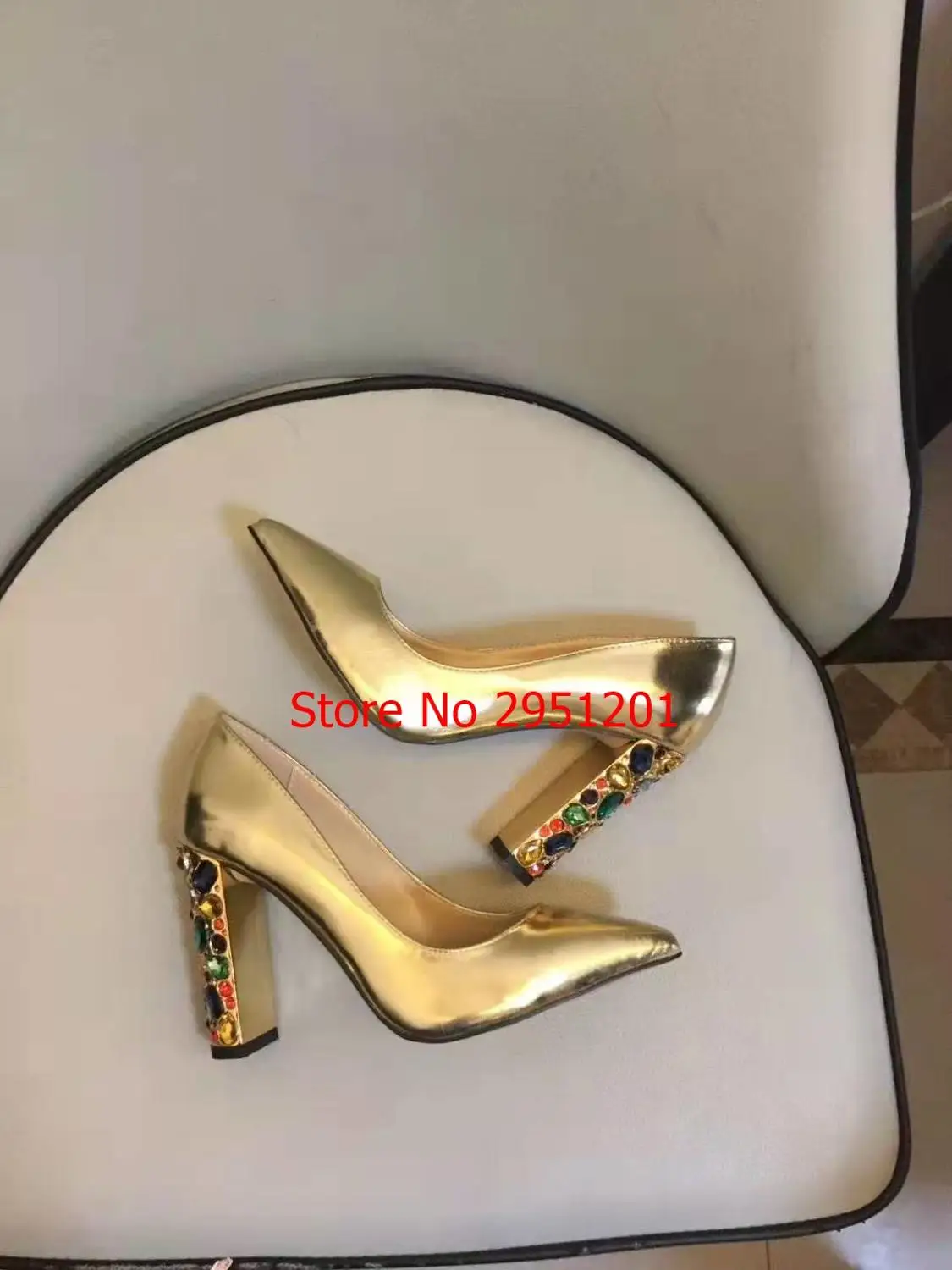 Chic-Gold-Leather-Pumps-Woman-Pointed-Toe-Rhinestone-Diamond-Crystal ...