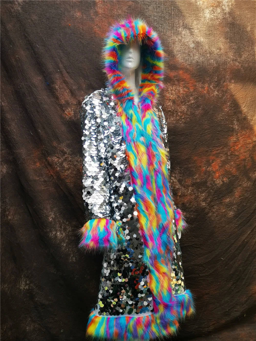 2020 New Fashion Cute Women Colorful Faux Fox Fur Rainbow Sequined Hood ...