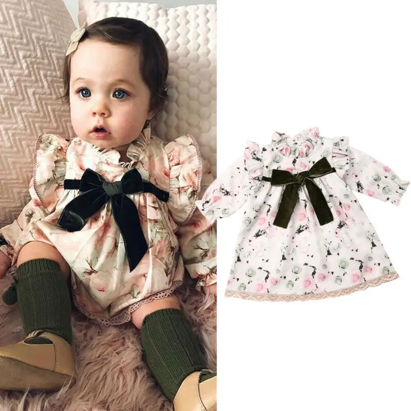 1 4years Baby Meisjes Rose Flower Print Lange Mouwen Mini Jurk Meisjes ...