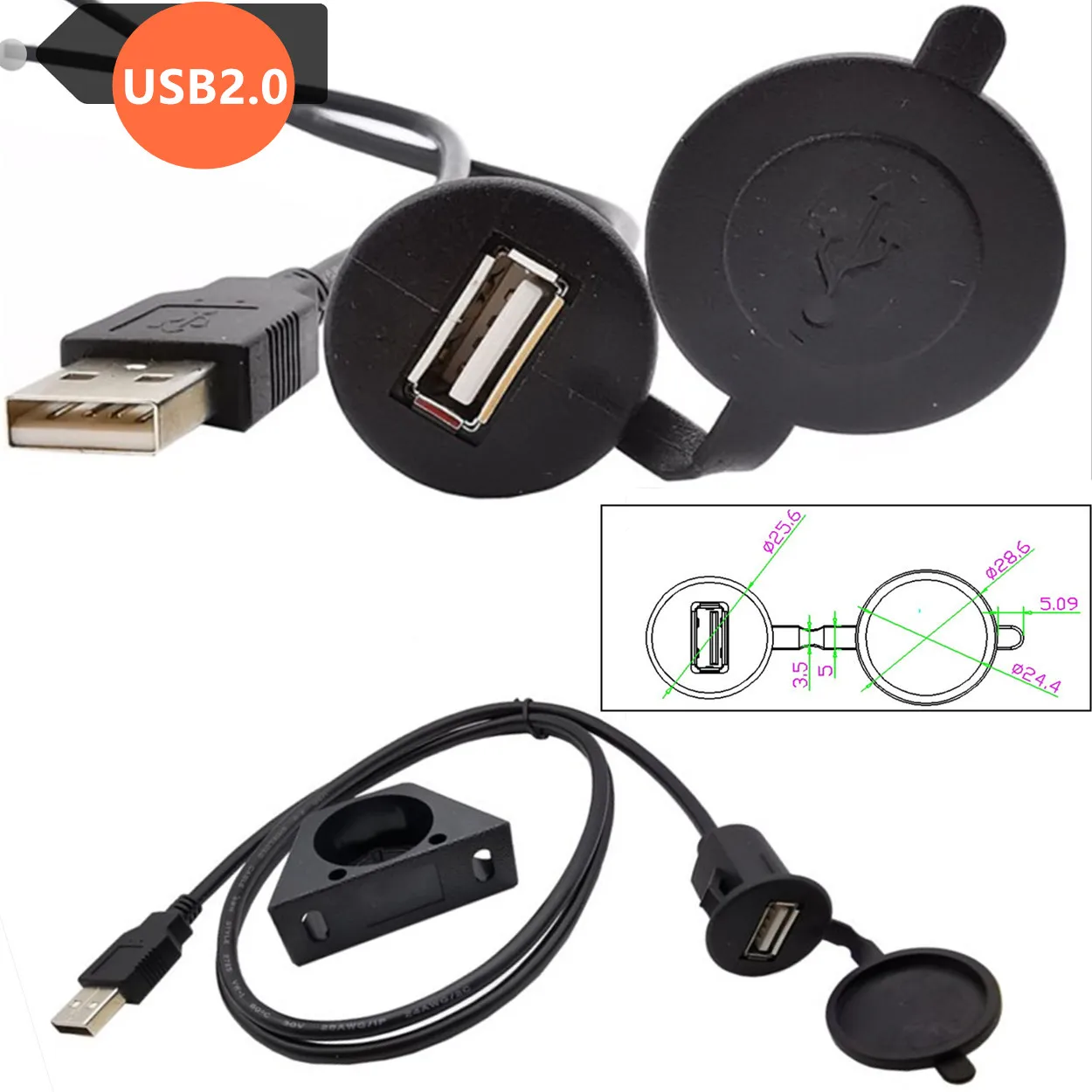 USB 2.0 Flush Mount Car Mount Extension Aux Cable For Cars Motorcycles ...