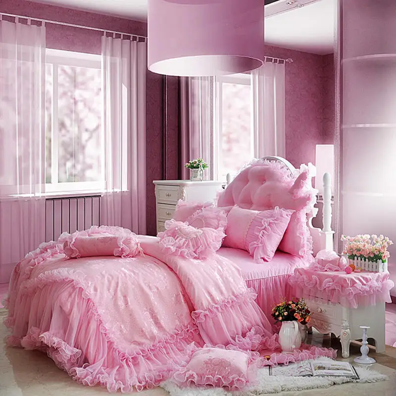Pink Princess Lace Ruffles Bedspread Bedding Set Luxury Jacquard Satin ...