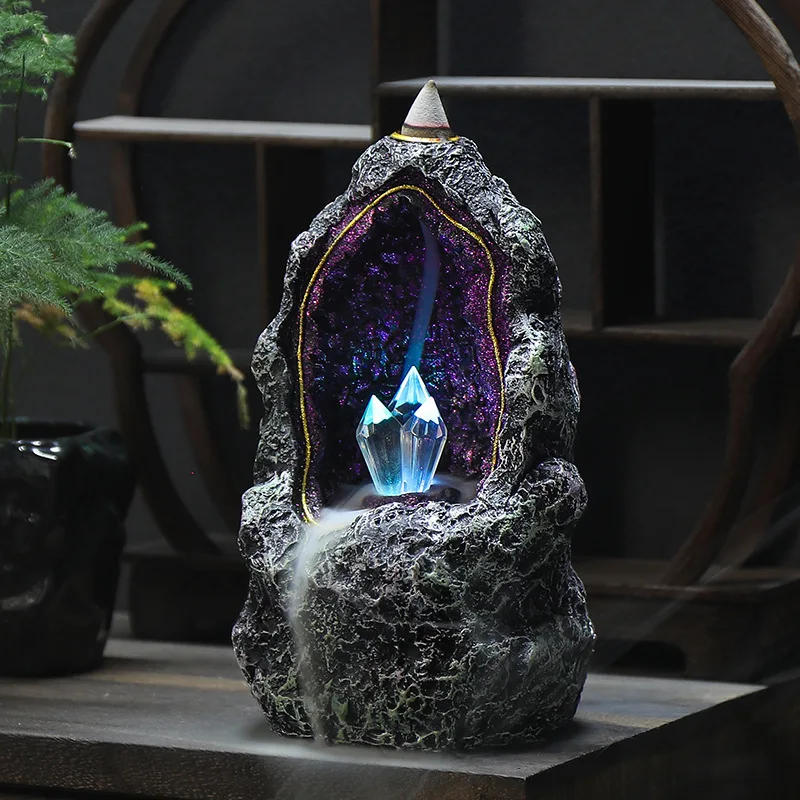 Glowing Crystal Backflow Incense Burners Smoke Fountain Waterfall Resin ...