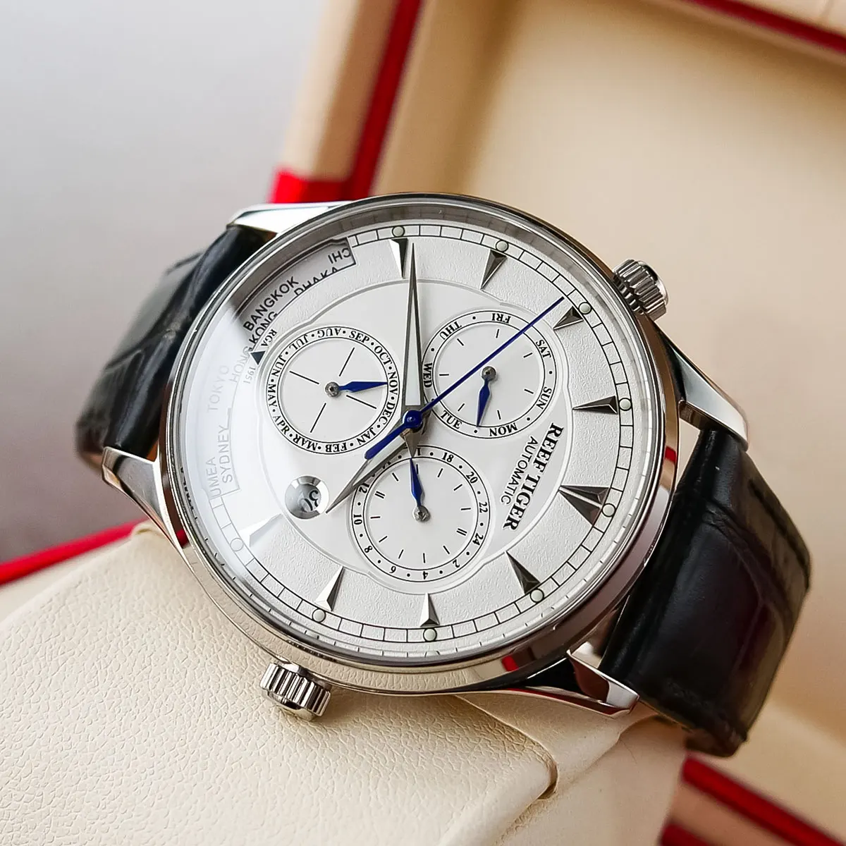 Reef Tiger Reloj Automático para hombre, pulsera de hora mundial ...