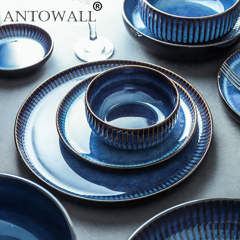 ANTOWALL Creative Nordic ceramic plate blue stripe flat plate household ...