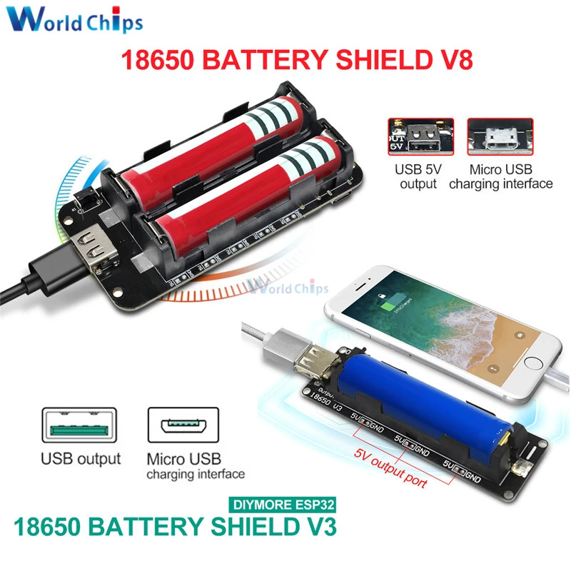 ESP32 ESP8266 Dual Output 18650 Lithium Battery Shield V3/V8 Micro USB ...