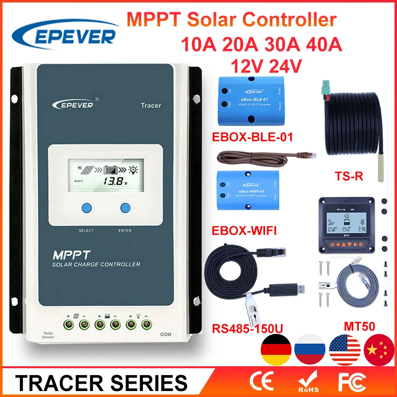 Epever Tracer Series Mppt 40a 30a 20a 10a Solar Charger Controller Lcd 12v24v Auto High ...