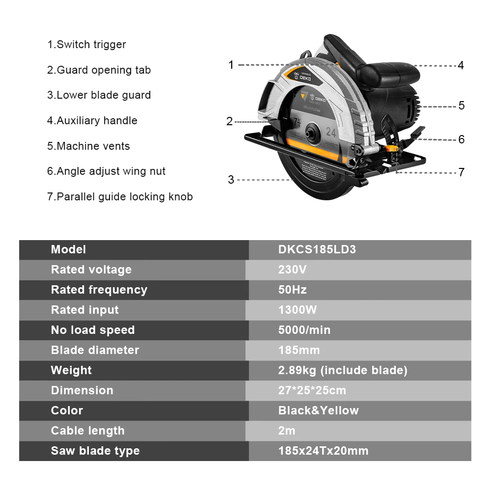 DEKO DKCS185L1 DKCS185LD3 185mm Electric Circular Saw Multifunctional Cutting Machine With Laser Guide and Auxiliary Handle AliExpress
