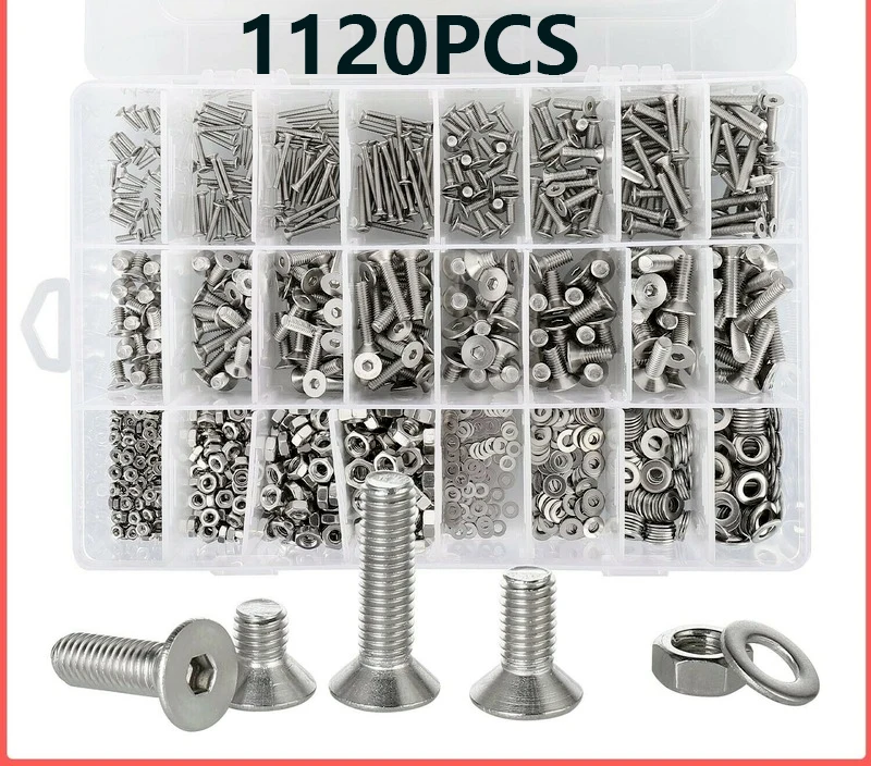 1120pcs 박스형 304 카운터 싱크 헤드 육각 소켓 볼트 너트 플랫 와셔 4 스패너 스테인레스 스틸 너트너트