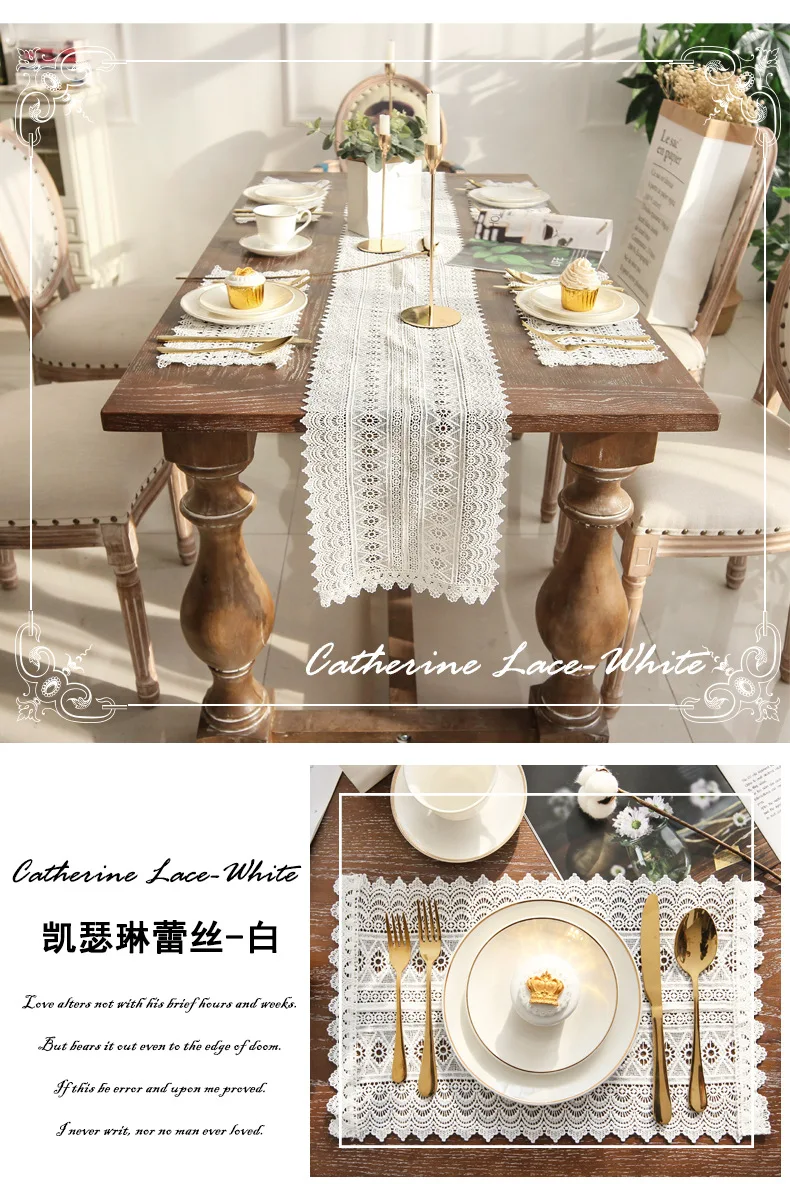 C-Tapis de Table rectangulaire, romantique, noir, blanc, dentelle ...