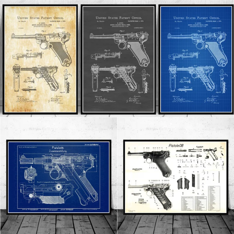 Other Outdoors - Gun Blueprint Luger Pistol Patent Chart Oil Canvas ...