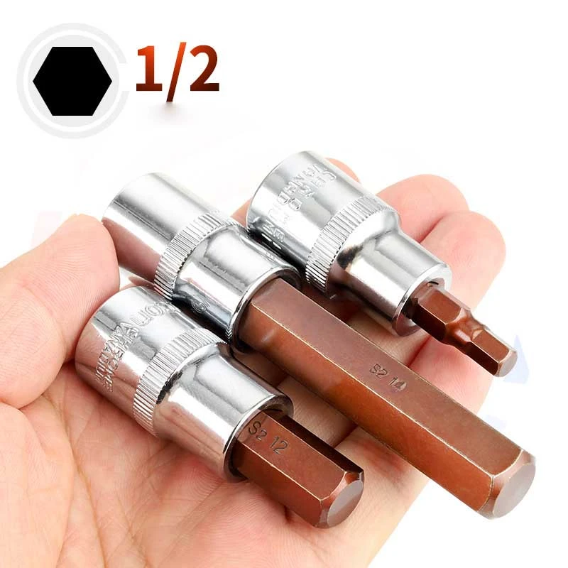 1PC 1/2‘ Drive Hex Bit Sockets H4 H5 H6 H7 H8 H9 H10 H12 H14 H19 Metric ...