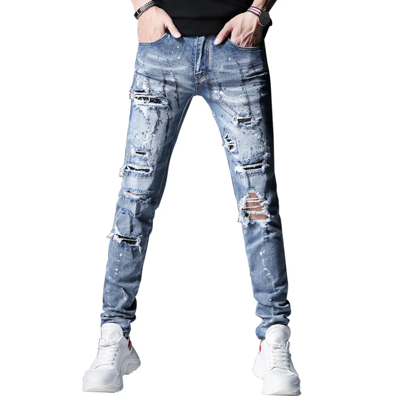Street Mens High Fashion Blue Slim Fit Destroyed Ripped Men Broken ...