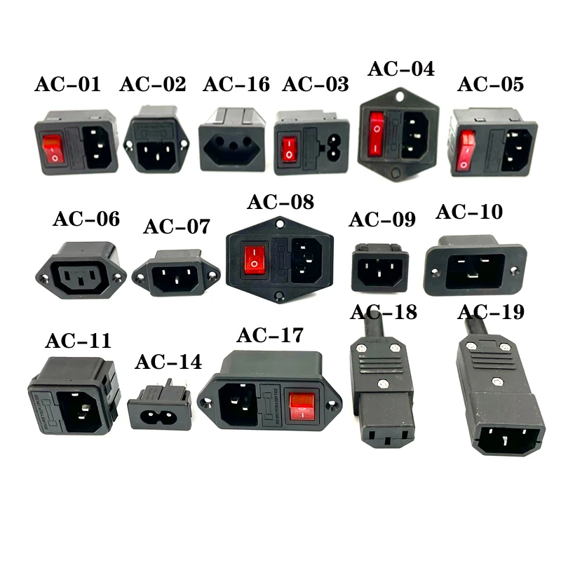 IEC320 C14 전기 AC 소켓 3 핀 빨간색 LED 250V 로커 스위치 10A 퓨즈 암 수 입구 플러그 커넥터 2 핀 ...