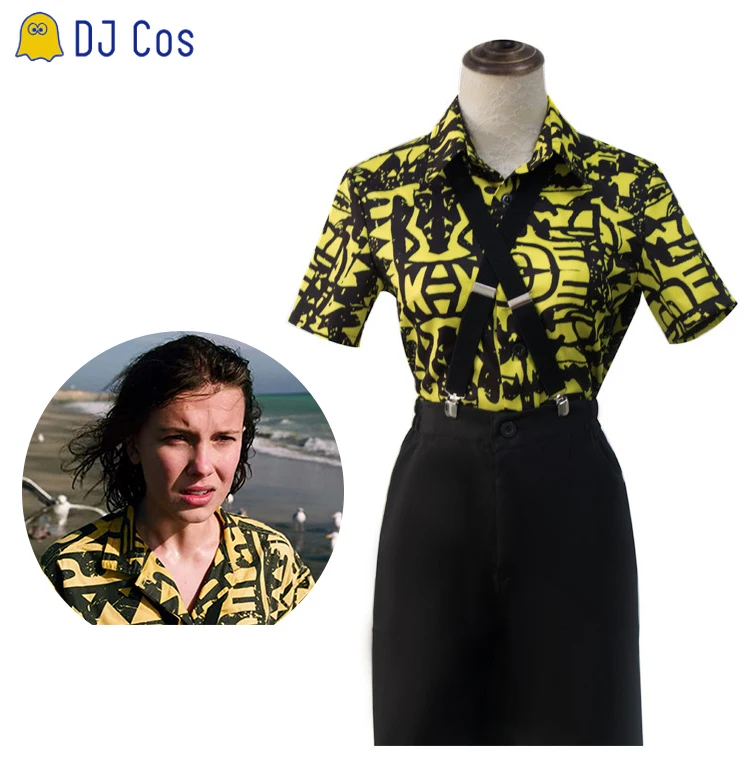 Stranger Things 11 Eleven Cosplay Costume Girl Yellow Printed Collared ...