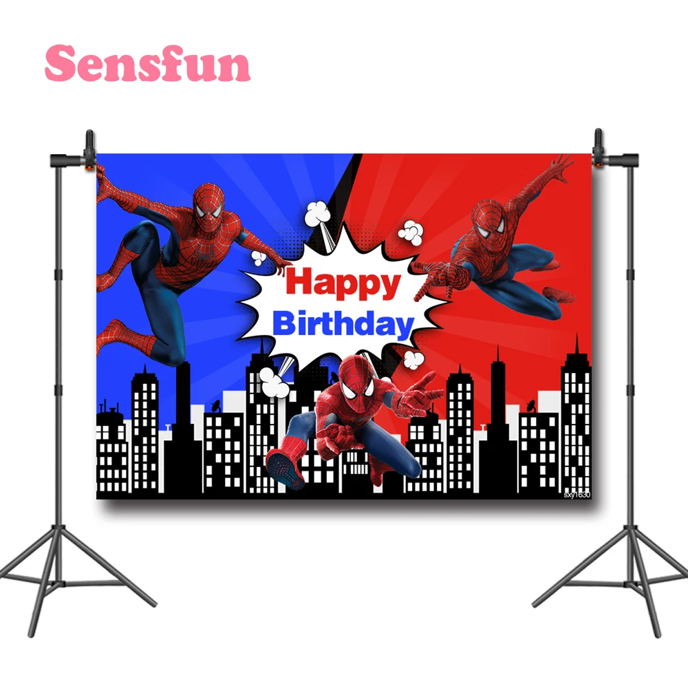 Sensfun Superhero Spiderman Birthday Party Backdrop Red Blue Building ...