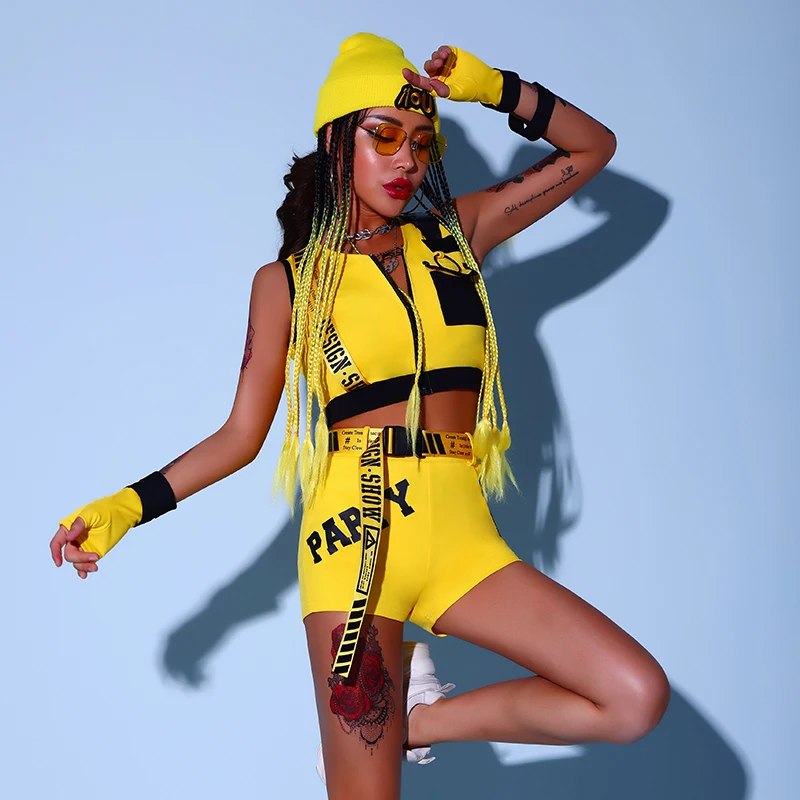 Yellow Cheerleader Uniform Hip Hop Dancer Outfit Jazz Dancewear Summer ...
