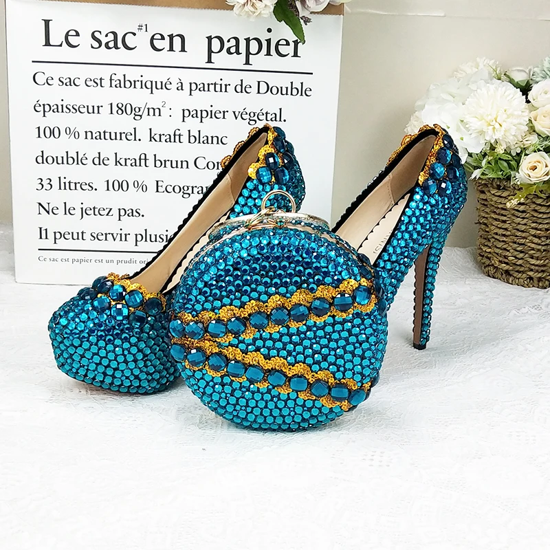Blue Crystal Stiletto High Heel Bridal Wedding Dress Shoes with Round ...