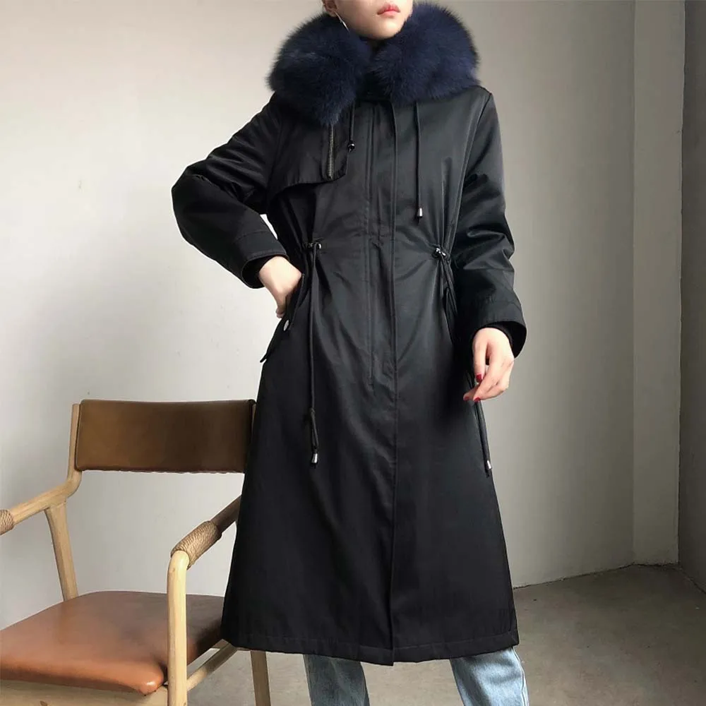 새로운 리얼 모피 코트 겨울 자켓 방수 여성 천연 여우 모피 칼라 후드 리얼 토끼 모피 안감 이동식 슬림 2021리얼 퍼