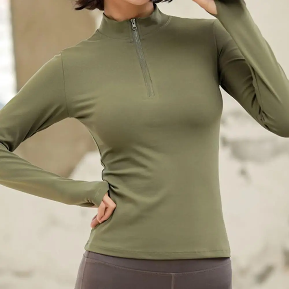 Women-Long-Sleeve-Solid-Color-Half-Zipper-T-shirt-Quick-Dry-Fitness-Gym ...