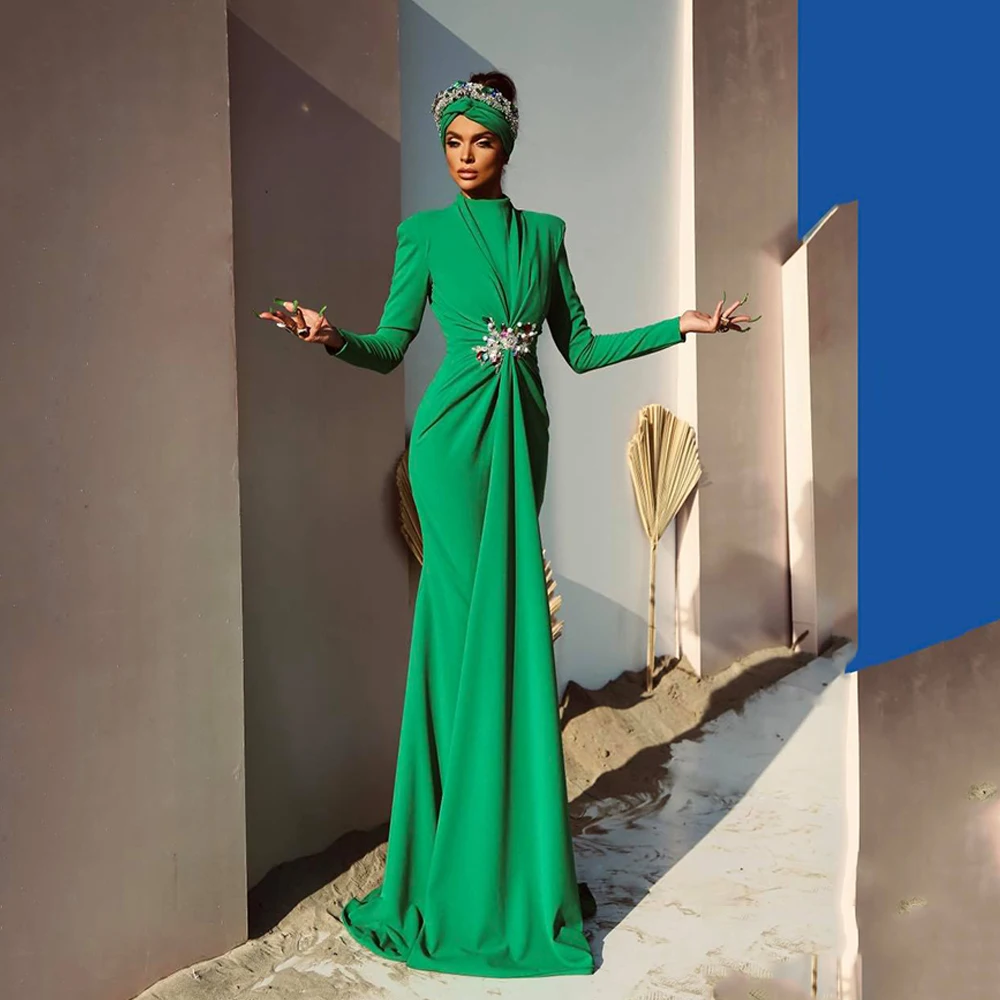 Modest-Saudi-Arabic-Prom-Dress-O-Neck-Long-Sleeves-Beading-Belt-Muslim ...