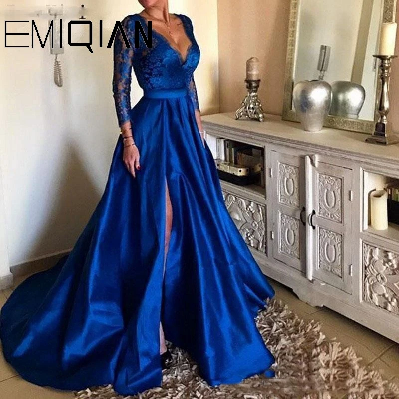 Royal Blue Plus Size Prom Dress，v Neck Lace Appliques Long Sleeve Front ...