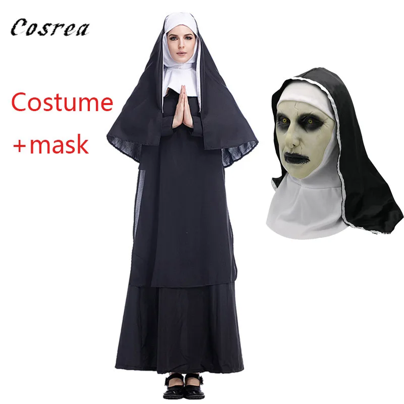 Virgin Mary The Nun Cosplay Costumes Mask Adult Long Black Scary Nuns