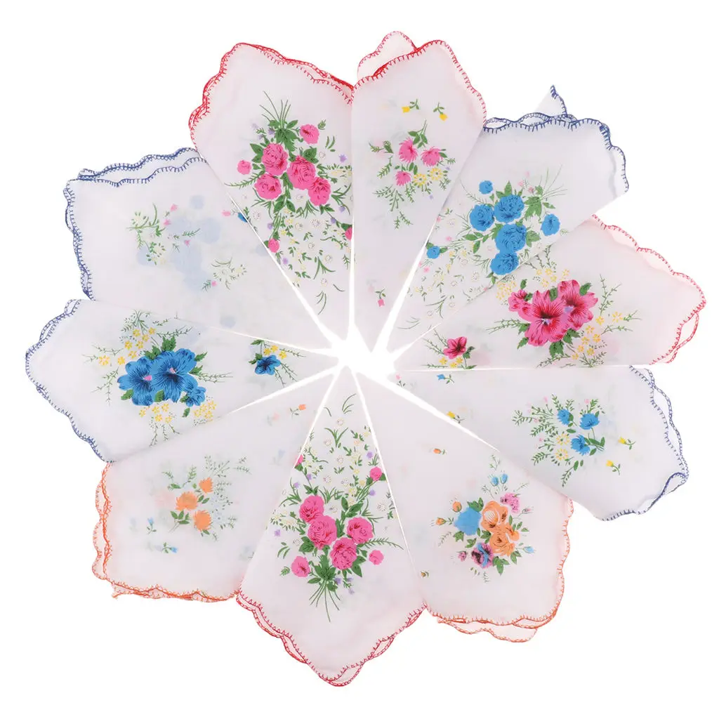 10-pack Pure Cotton Women Flower Fabric Handkerchiefs 28 X 28 Cm ...