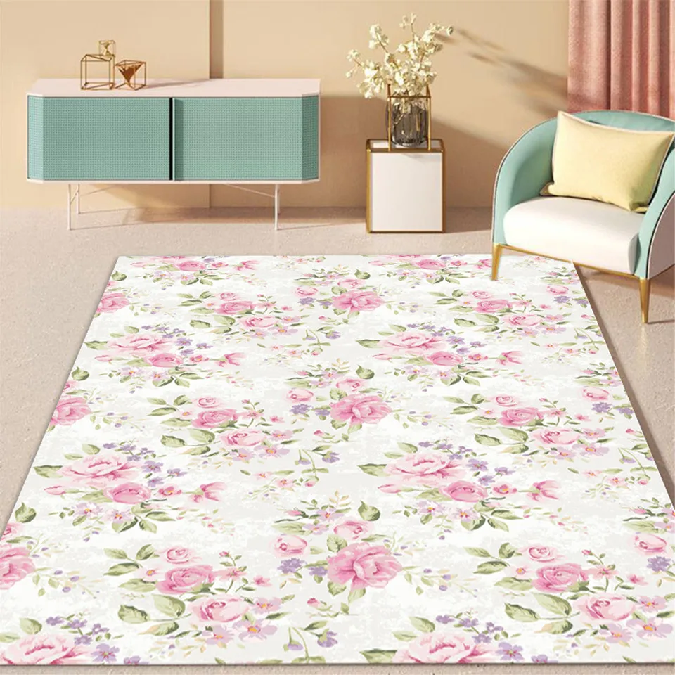 Nordic Fresh Pink Rose Pattern White Rug For Girl Room Bedroom Bedside ...