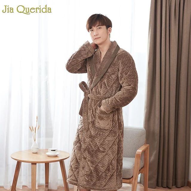Bathrobes Men Leisure Home Clothing Winter Thick Long Robe 3 Layer Padded Velvet Kimono Mens'r ...