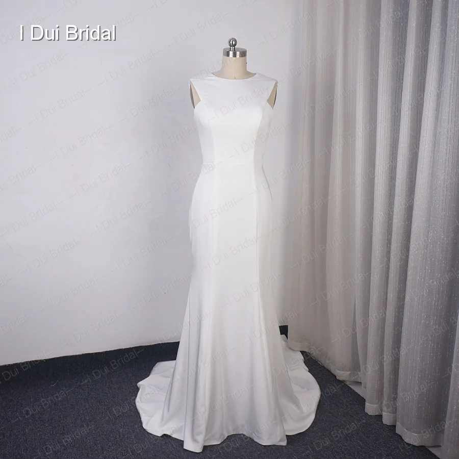 Simple Crepe Sheath Wedding Dress Keyhole Back Unique Bridal Gown High ...