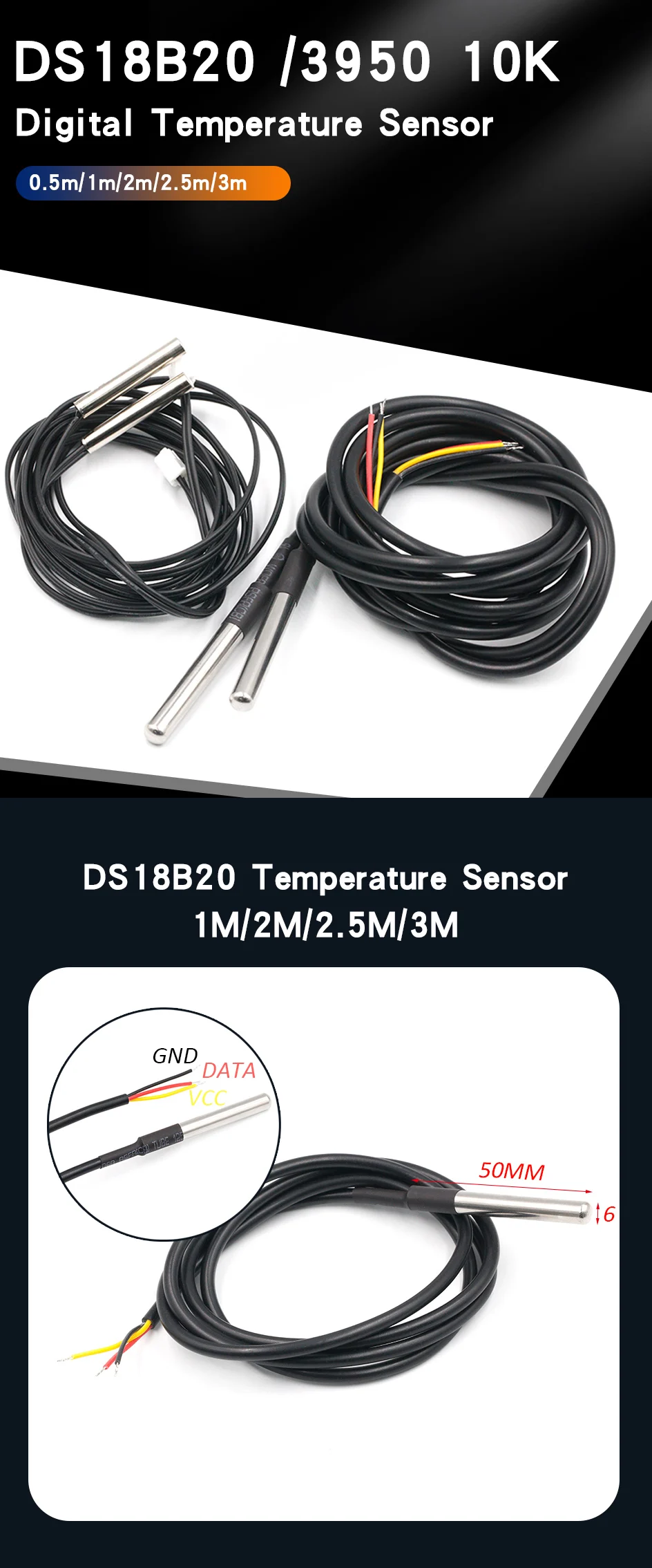 0,5 м/1 м/2 м/2,5 м/3 м DS18B20 DS18S20 NTC 10K 1% 3950 водонепроницаемый цифровой датчик ...