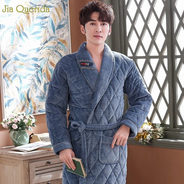 Bathrobes Men Leisure Home Clothing Winter Thick Long Robe 3 Layer ...
