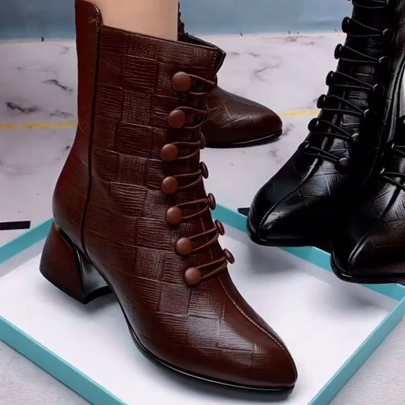 Winter Fashion solid buttons high heels pointed toe cross strap ...
