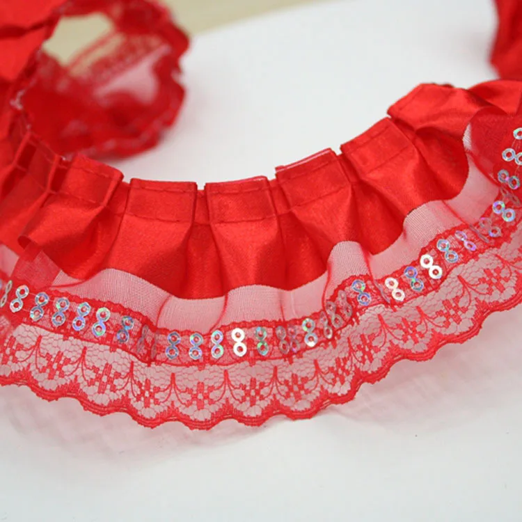 41Yards 5cm Red Purple Pink Lace Ruffle Trim Embroidery Sequins Ribbon ...