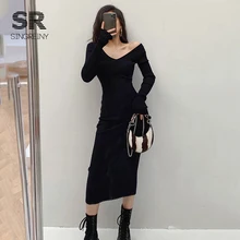 SINGREINY Women Autumn Knitted Dress V Neck Sexy Slim Elastic Oversized ...