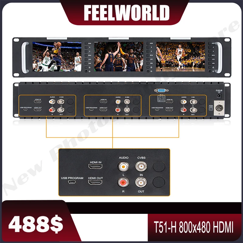 Feelworld T51 H Monitor Triple 5 "2RU 800X480ออกอากาศ Rack Mount ...