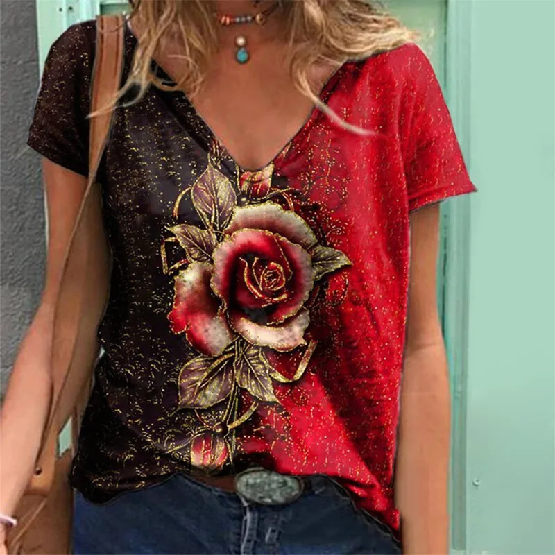 3d Rose Flower Print Women T Shirt 2021 New Summer Casual Short Sleeve ...